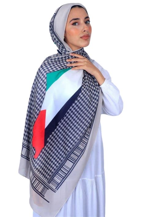 Cream Color Hijab With Kufiyah Design And Palestine Map Palestinian