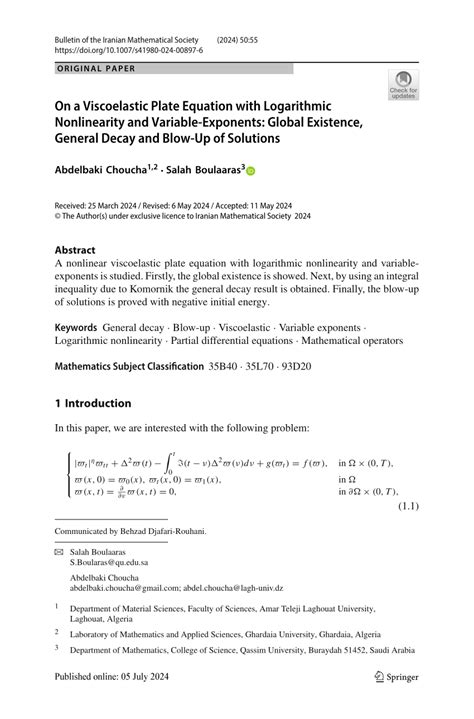 Pdf On A Viscoelastic Plate Equation With Logarithmic Nonlinearity