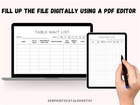 Restaurant Table Wait List Printable Waiting List Printable