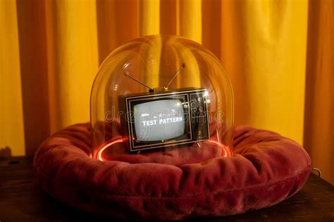 Vintage Television Displaying Test Pattern In Glass Dome Stock