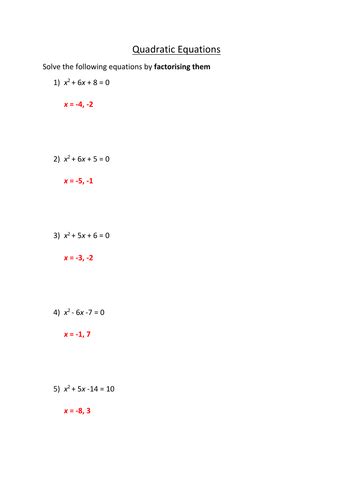 Mathematics Quadratic Equations Powerpoint And Worksheet Teaching Resources