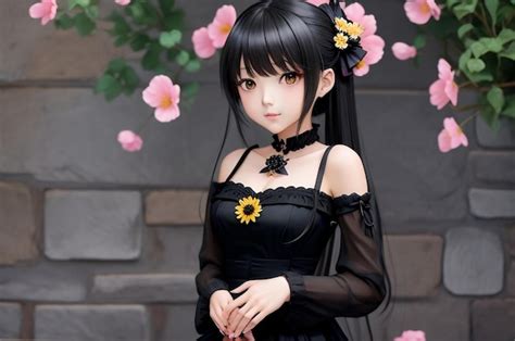 Premium Ai Image Anime Girl In A Black Dress With A Flower