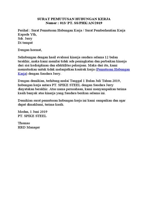 Contoh Surat Pemutusan Kontrak Pdf