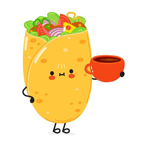 Cute Burrito With Cup Of Tea Vector Hand Drawn Doodle Style Cartoon
