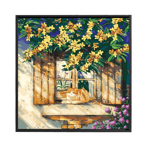 凌霄花下数字油画diy治愈系窗边猫丙烯油彩装饰画手工绘画画填色 虎窝淘