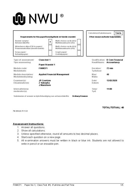 FINM371 Class Test 1 2020 Final Calculators Sakrekenaars Yes Ja