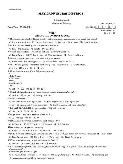 12th Computer Science Em 2nd Revision Exam 2023 Original Question Paper