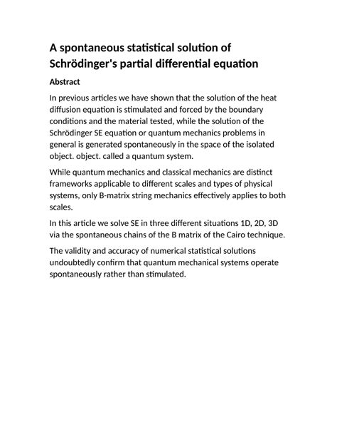 Pdf A Spontaneous Statistical Solution Of Schrödingers Partial Differential Equation