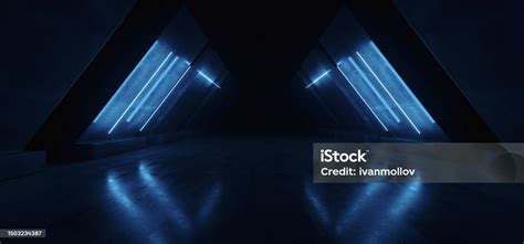 미래 공상 과학 사이버 현대 네온 레이저 전기 블루 라이트 차고 주차 터널 복도 지하 아스팔트 콘크리트 창고 방 3d 렌더링 0명에 대한 스톡 사진 및 기타 이미지 Istock