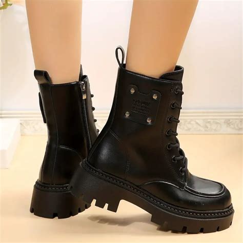 Womens Platform Combat Boots Fashion Round Toe Side Zipper Temu Canada