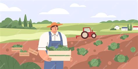 Premium Vector Farm Landscape With Agriculture Field And Farmer With