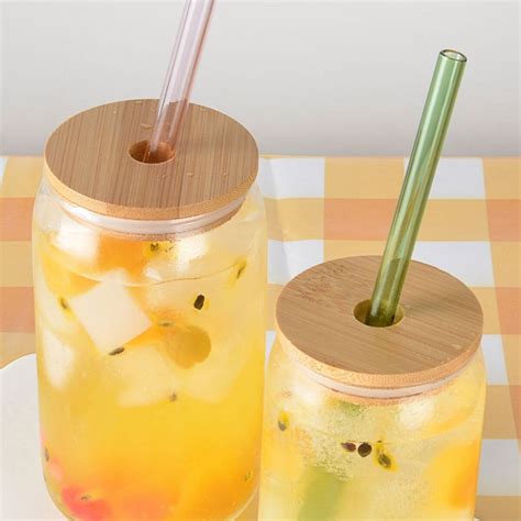Coke Glass Cup With Lid And Straws Resuable Wooden Grandado