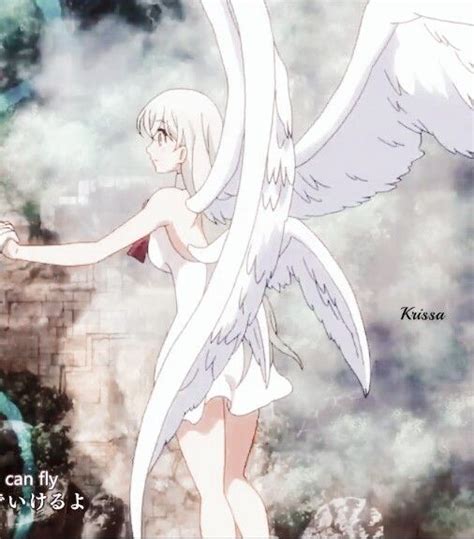 An Anime Character With White Hair And Angel Wings Standing In Front