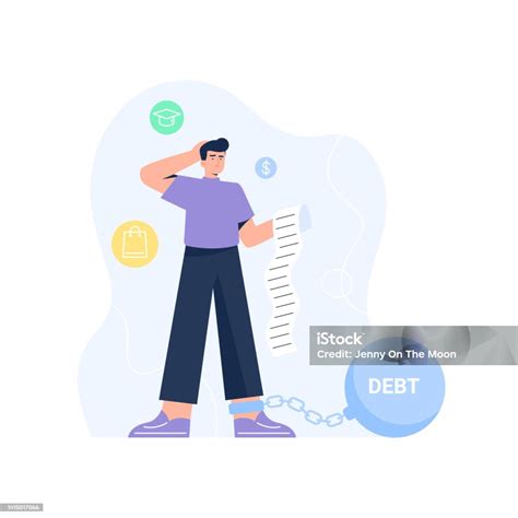 부채 문제 개념 재정적 의무 및 대출 지불 남자는 쇼핑 졸업 및 모기지에 대한 대출 부담이 있습니다 벡터 플랫 일러스트레이션