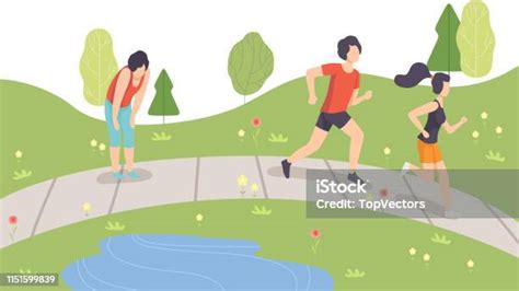 공원에서 실행 하는 사람들 야외 활동 건강 한 라이프 스타일 피트 니스 벡터 일러스트 건강한 생활방식에 대한 스톡 벡터 아트 및 기타 이미지 건강한 생활방식 나무