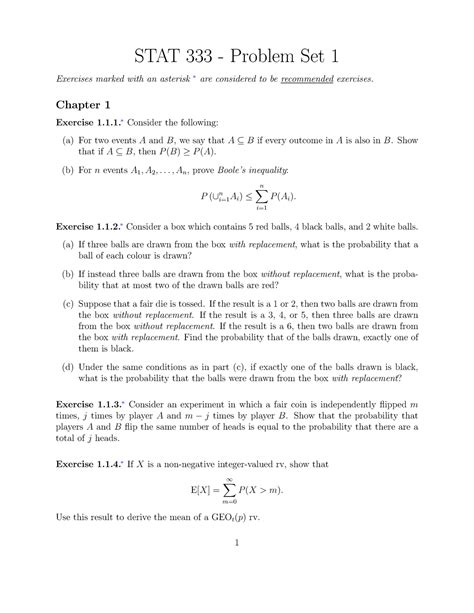 Problem Set 1 Practice Stat 333 Problem Set 1 Exercises Marked