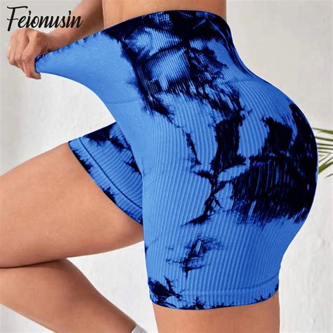 Seamless Tie Dye Sport Shorts For Women Summer Elastic Scrunch High