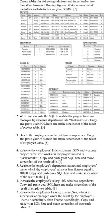 solved 1 create tables for following relations and insert