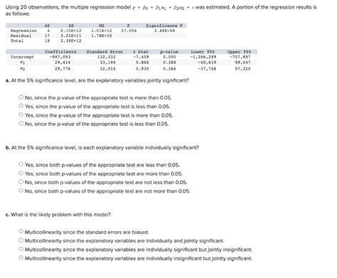 solved using 20 observations the multiple regression model