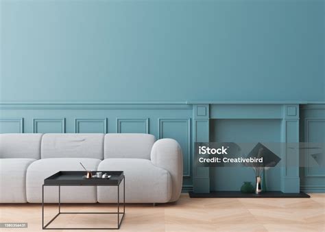 현대 거실에 빈 파란색 벽 현대적인 스타일로 인테리어를 모의 사진 포스터 텍스트 또는 다른 디자인에 대한 공간을 복사합니다 소파 테이블 꽃병 3d 렌더링 형판에 대한 스톡