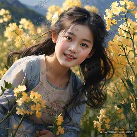 Ai创作图春天里 早晨 满山开满油菜花 小姑娘三三两两在嬉戏 晴空万里 昵图网