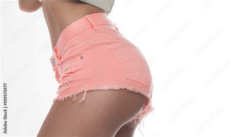 Beautiful Model Buttocks Wearing Pink Jeans Shorts Slim Body Great