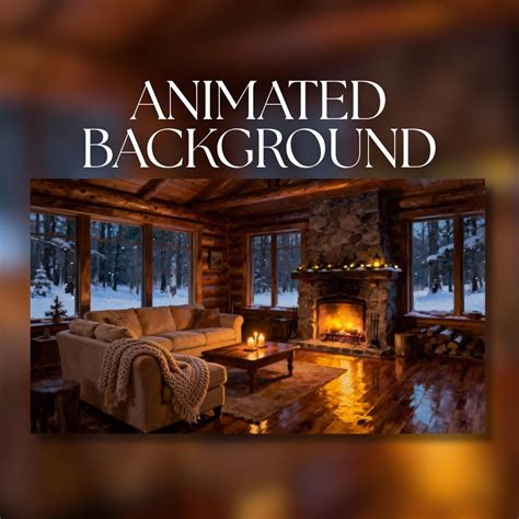 Animated Background Cozy Log Cabin With Glowing Fireplace Snowy