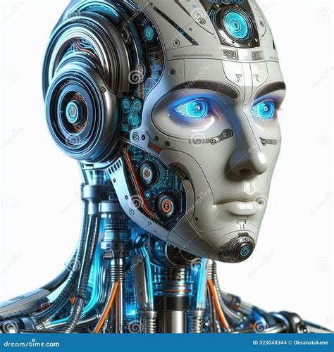 Single Ai Robot Human Head Prototype On White Background Stock