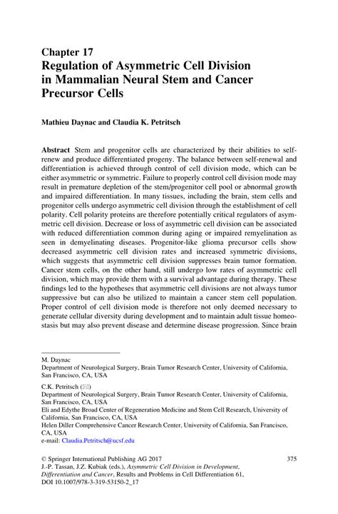 Pdf Regulation Of Asymmetric Cell Division In Mammalian Neural Stem