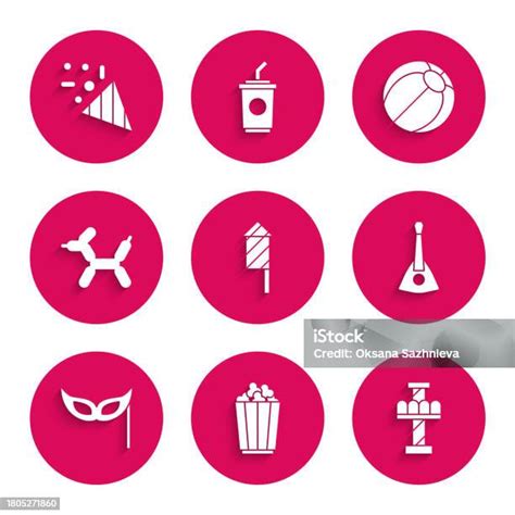 불꽃놀이 로켓 상자에 팝콘 어트랙션 회전목마 발랄라이카 축제 마스크 풍선 개 비치 볼 색종이 조각 아이콘을 설정하세요 벡터