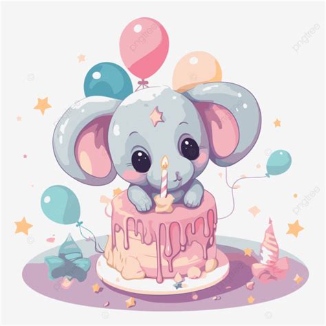 귀여운 생일 축하해 스티커 클립 아트 생일 케이크 벡터 일러스트 만화와 귀여운 코끼리 상표 클립 아트 PNG 일러스트 및