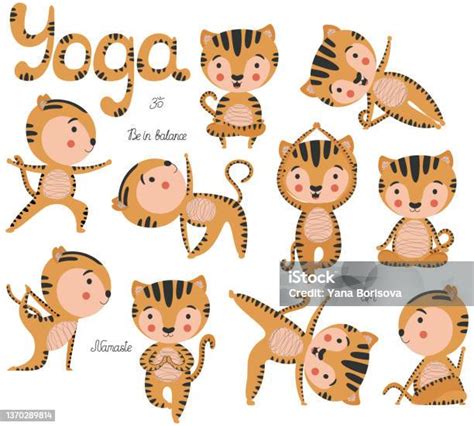 흰색 배경에 다양한 요가 아사나에서 호랑이 를 미소 10 귀여운 세련된 만화 세트 운동 포즈의 고립 된 유치 한 귀여운 클립 아트 그래픽 디자인 포스터 스티커 옷에 인쇄