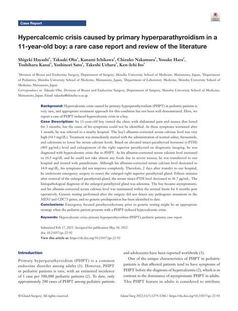 Pdf Hypercalcemic Crisis Caused By Primary Hyperparathyroidism In A