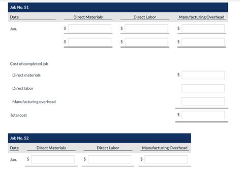 Open Job Cost Sheets For Jobs 50 51 And 52 Enter