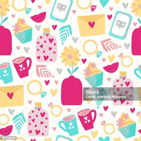 하트 꽃 전화 반지 발렌타인 데이 또는 결혼식을위한 사랑의 편지와 귀여운 원활한 패턴 섬유 디자인 포장지 초대장 및 카드에 대한