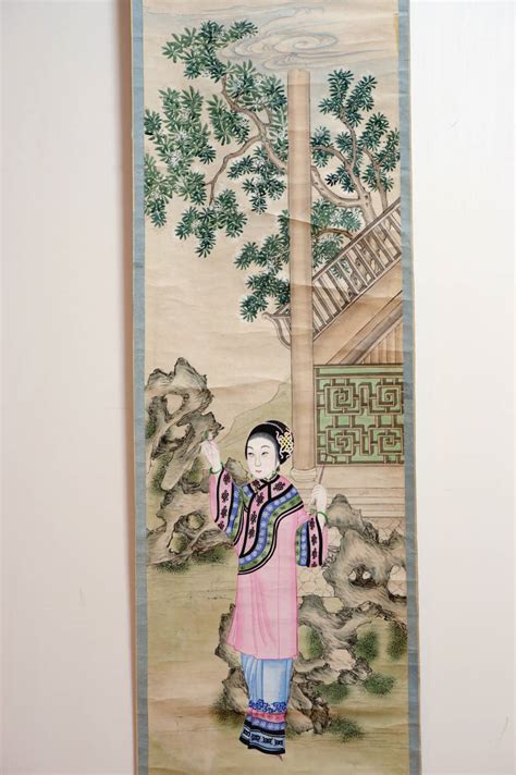 Yahooオークション 清代 糸を持つ仕女図2 太湖石 美人画 無落款