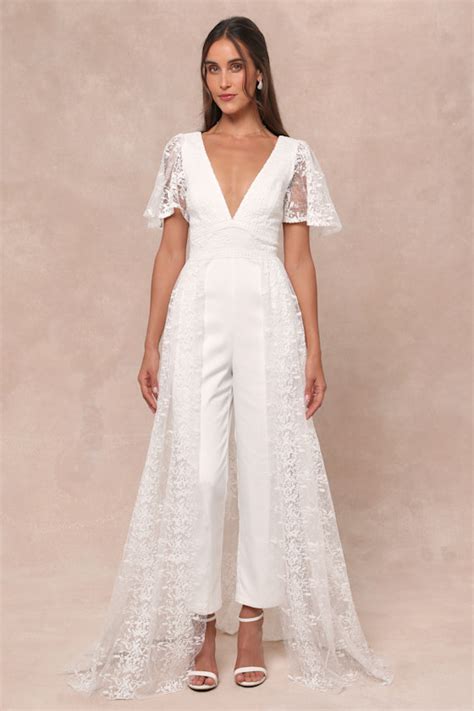 White Embroidered Jumpsuit Bridal Cape Jumpsuit Jumpsuit Lulus
