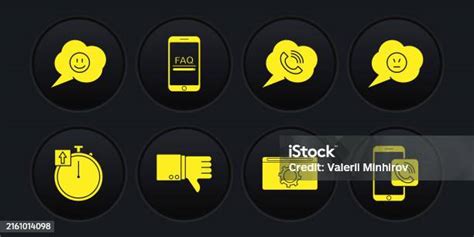 스톱워치 화난 미소가 있는 말풍선 싫어요 설정 전화 통화 모바일 Faq 정보 얼굴 아이콘을 설정합니다 벡터 Brand Name Smart Phone에 대한 스톡 벡터 아트