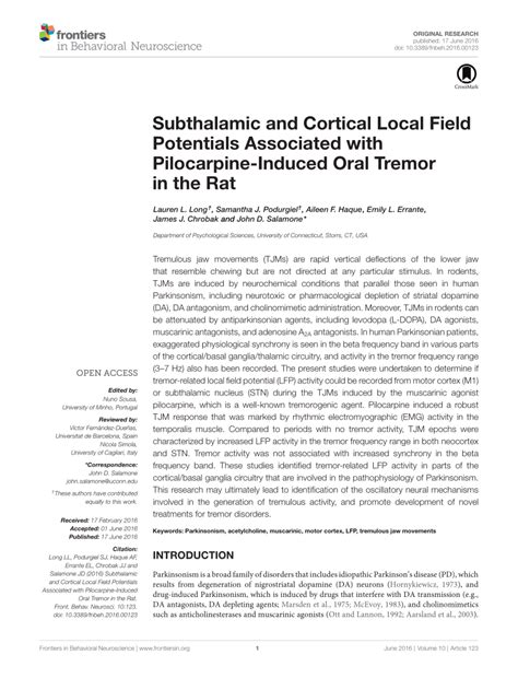 Pdf Subthalamic And Cortical Local Field Potentials Associated With Pilocarpine Induced Oral