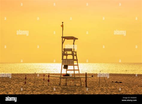 Empty Lifeguard Station At Sunset On Bikini Beach Near Santa Maria
