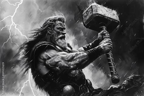 Engraving Of The Norse God Thor Wielding A Magical Hammer Called Mjolnir In Scandinavian Saga