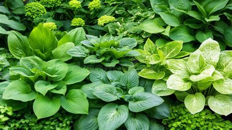Lush Green Hosta And Hydrangea Plants Growing In A Garden Stock Illustration Illustration Of