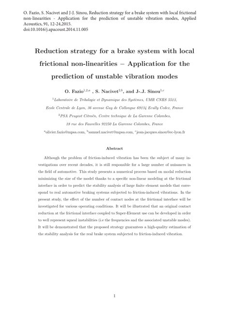 Pdf Reduction Strategy For A Brake System With Local Frictional Non Linearities Application
