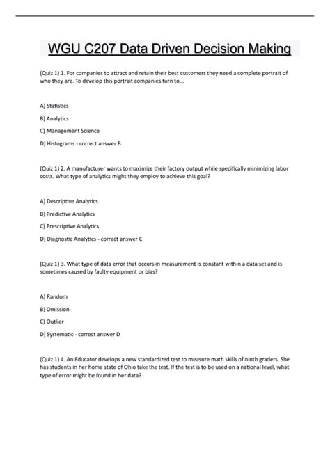 Wgu C207 Data Driven Decision Making Questions And Answers Latest Update 2024 C207 Stuvia Us