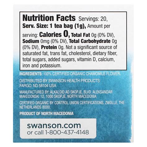 Swanson 100 Organic Chamomile Tea Caffeine Free 20 Tea Bags 07 Oz