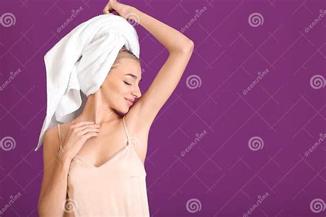Beautiful Young Woman After Shower On Color Background Concept Of