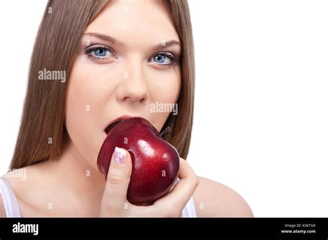 Sensual Young Woman Biting Apple Isolated On White Background Stock