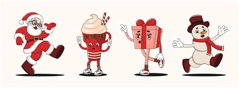 새해 복고풍 그루비 크리스마스 캐릭터 또는 마스코트 컬렉션 70 년대 80 년대 분위기 산타 클로스 커피 라떼 프라푸치노 선물 상자 및 눈사람의 컵 또는 머그잔 벡터 세트