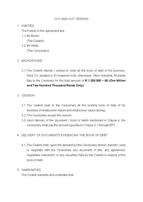 Cession Out And Out Cession 1 Parties The Parties In This Agreement