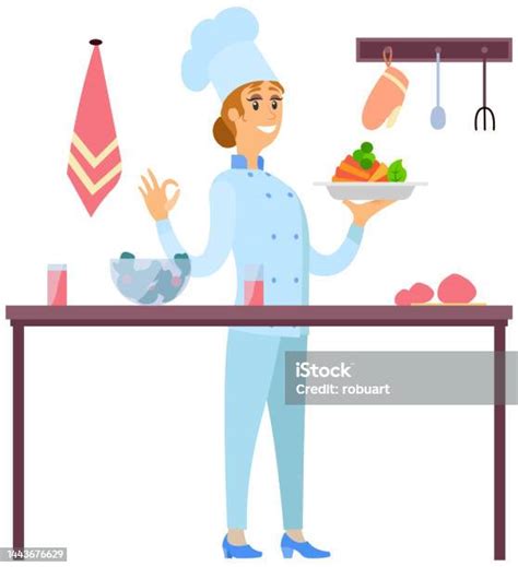 여성 키치너는 요리사의 요리 카페에서 건강 식품을 제공합니다 여자는 기성품 식사로 접시를 들고 있습니다 관사에 대한 스톡 벡터